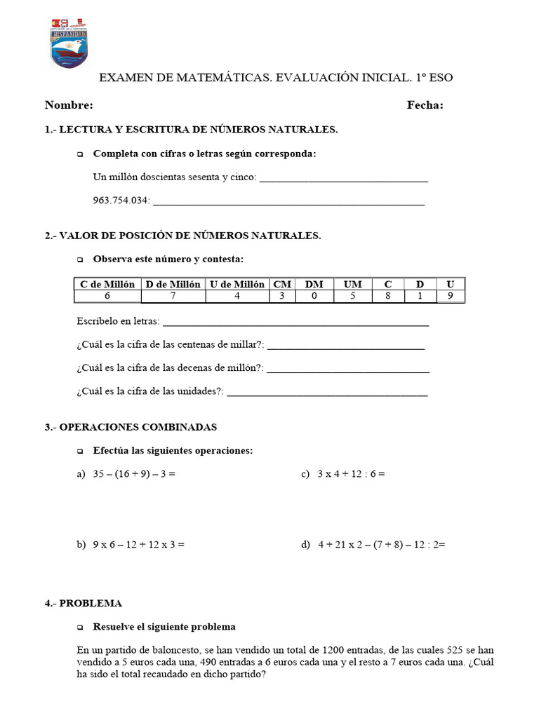 Examen Inicial 1º ESO | PDF | Matemática Elemental | Matemáticas