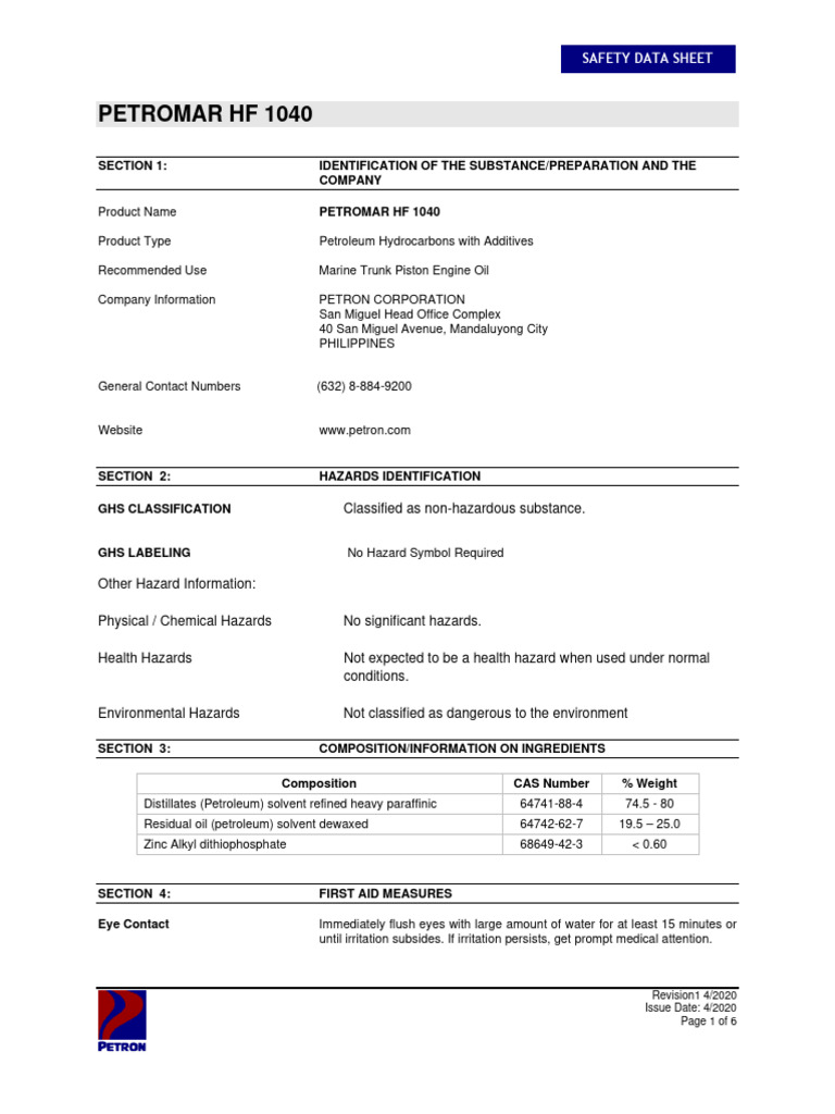 SDS Petromar HF 1040 | PDF | Toxicity | Hazards
