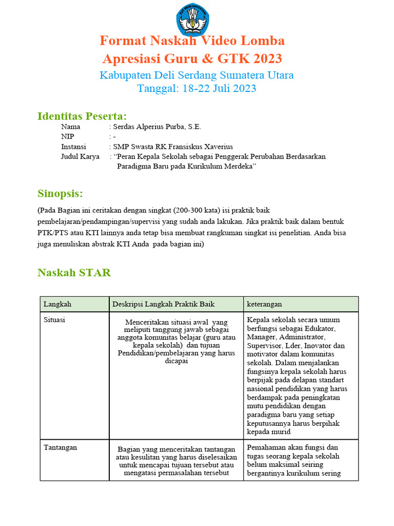 Form Naskah Video Lomba Apresiasi GTK | PDF