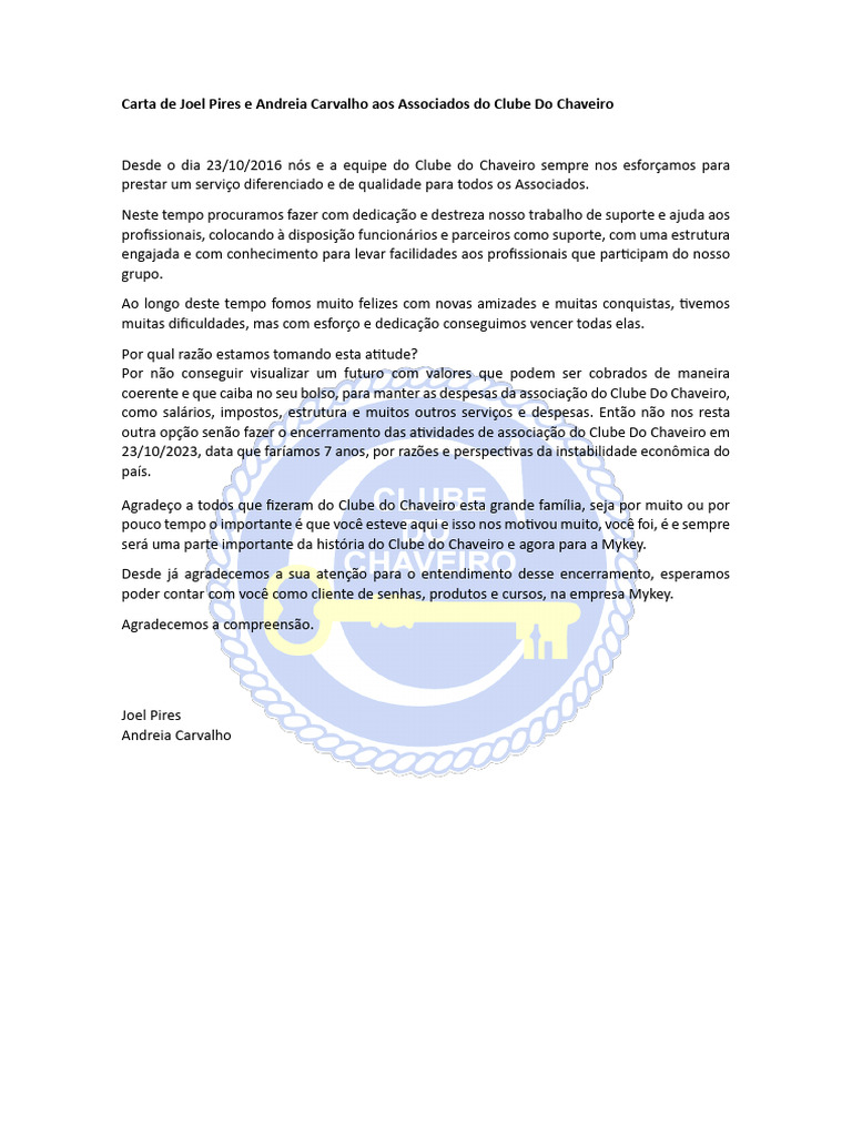 Carta de Joel Pires e Andreia Carvalho Aos Associados Do Clube Do Chaveiro 22 09 23 | PDF ...
