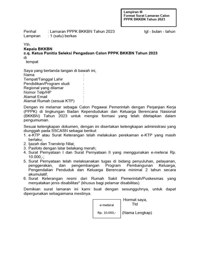 Lampiran III - Format Surat Lamaran Calon PPPK BKKBN 2023 | PDF