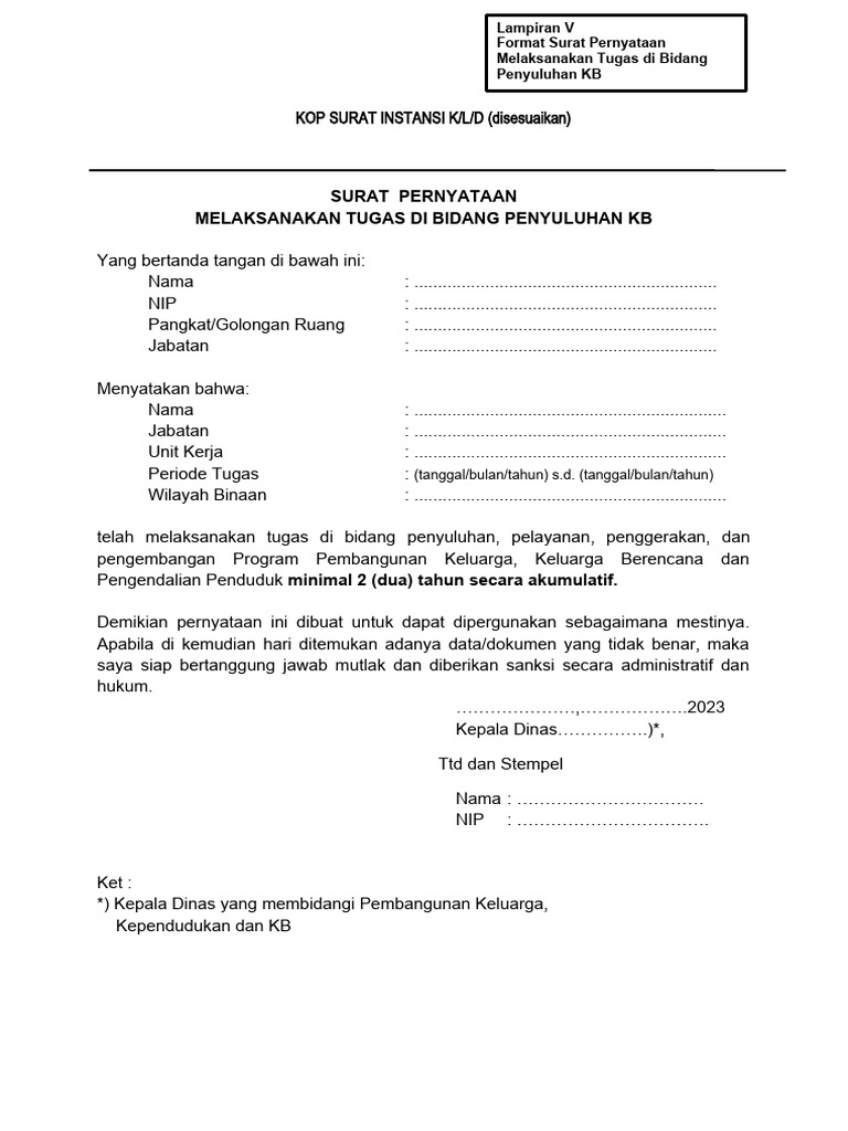 Lampiran V - Format Surat Pernyataan Melaksanakan Tugas PPPK BKKBN 2023 | PDF