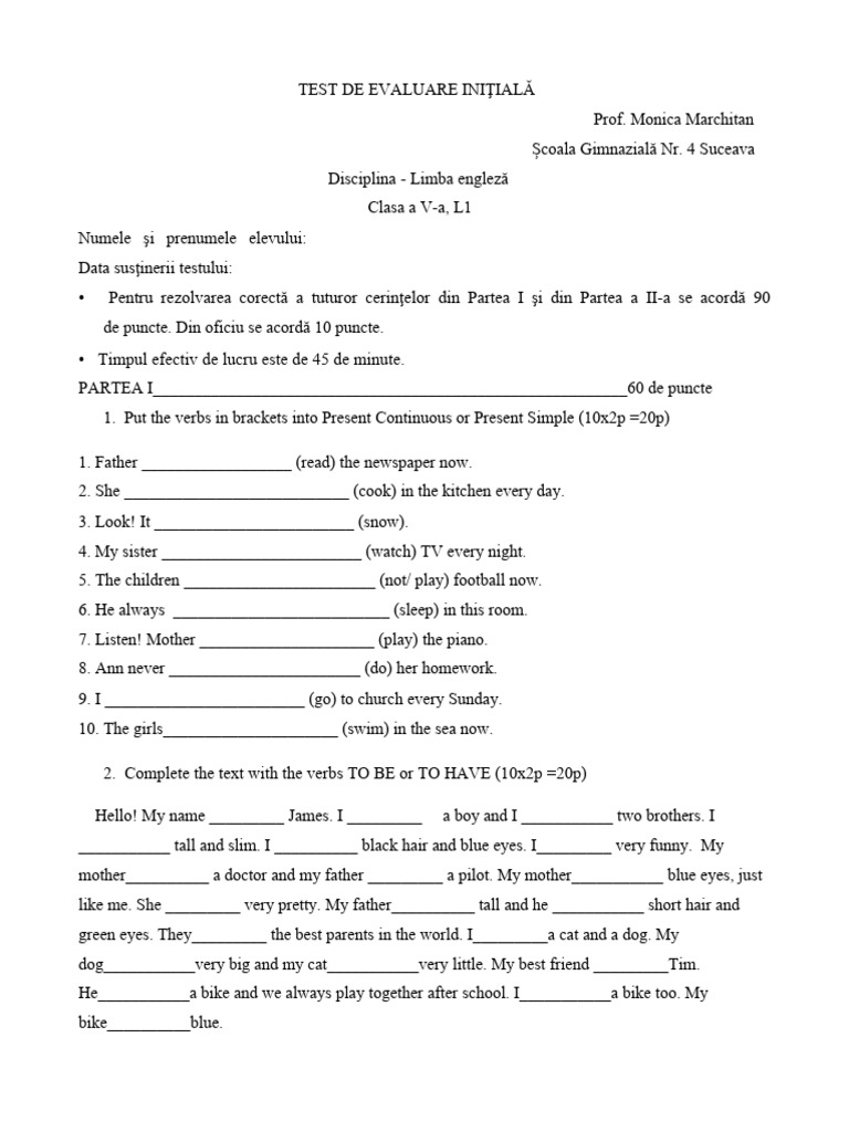 Test - Initial - Engleza - A - Va - Cu - Matrice-Monica Marchitan | PDF ...