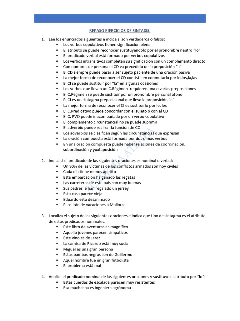Repaso Ejercicios de Sintaxis | PDF | Verbo | Predicado (Gramática)