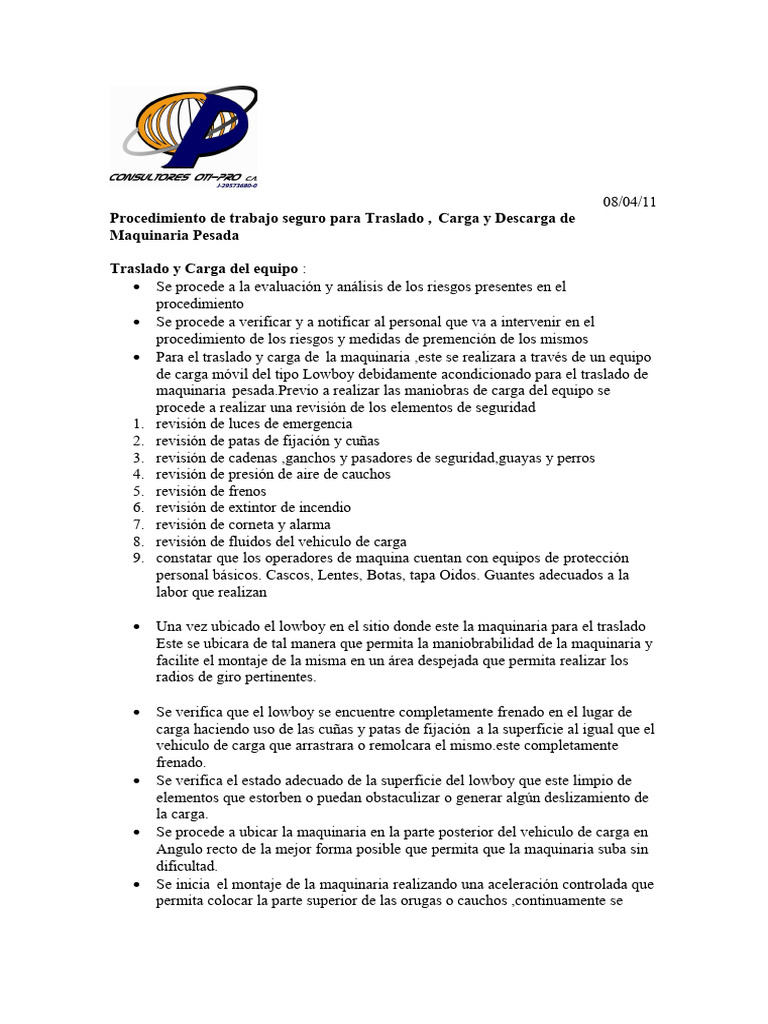 Procedimiento de Carga y Descarga Maquinas | PDF