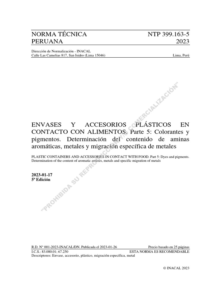 Norma Técnica NTP 399.163-5 Peruana 2023: Y/O Comercialización" | PDF ...