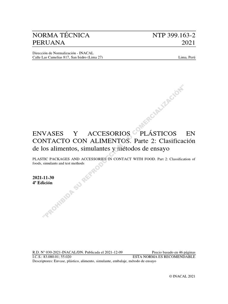 Norma Técnica NTP 399.163-2 Peruana 2021: Y/O Comercialización" | PDF