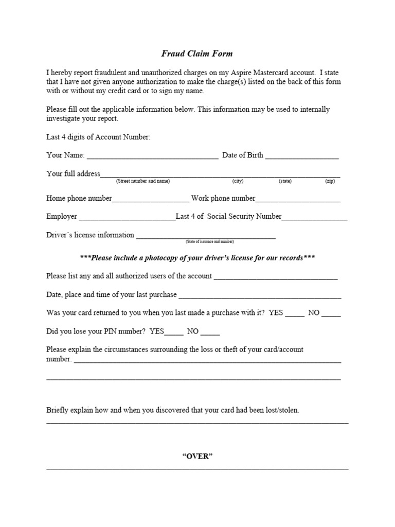 Aspire MC Fraud Claim Form | PDF