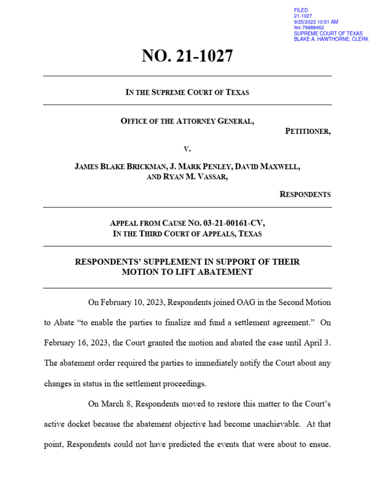 Supplement ISO Motion To Lift Abatement File Stamped | PDF | Public Law | Judiciaries