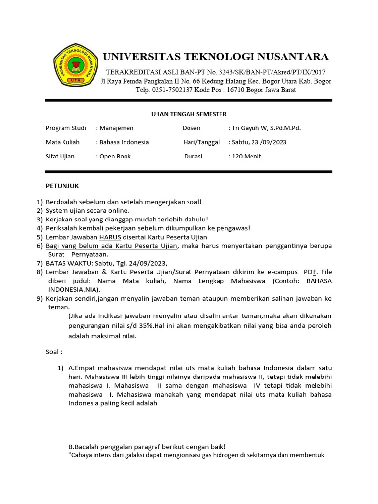 UTS .MK - BAHASA INDO - Manajemen | PDF