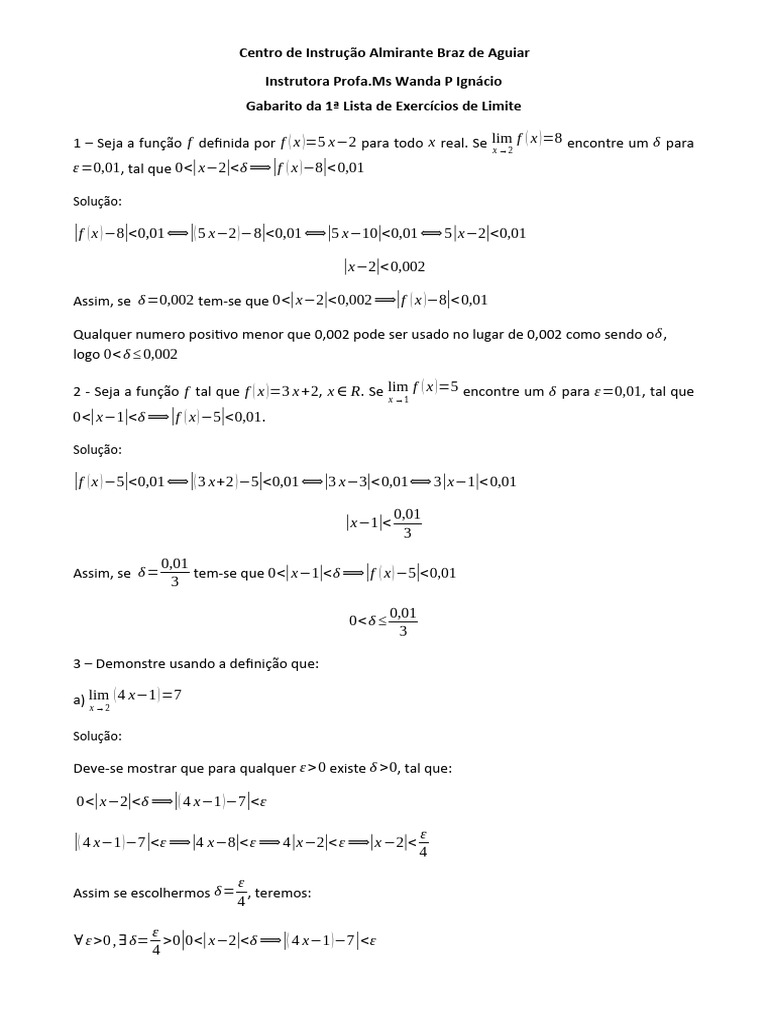 Gabarito Da 1 Lista de Exercícios de Limite | PDF | Analise matemática
