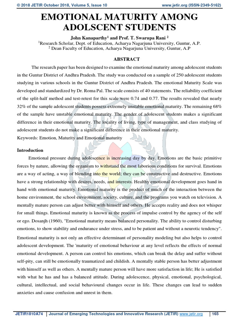 Emotional Maturity Among Adolscent Students: John Kanaparthy and Prof. T. Swarupa Rani | PDF ...