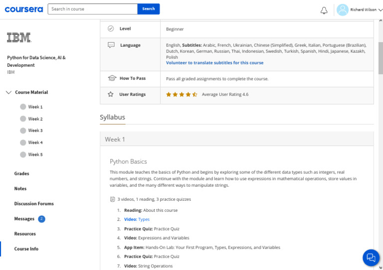 Python For Data Science, AI & Development - IBM - Course Info - Coursera | PDF | Python ...