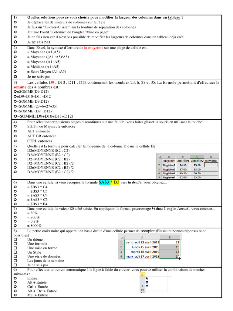 QCM Excel | PDF | Microsoft Excel | Texte