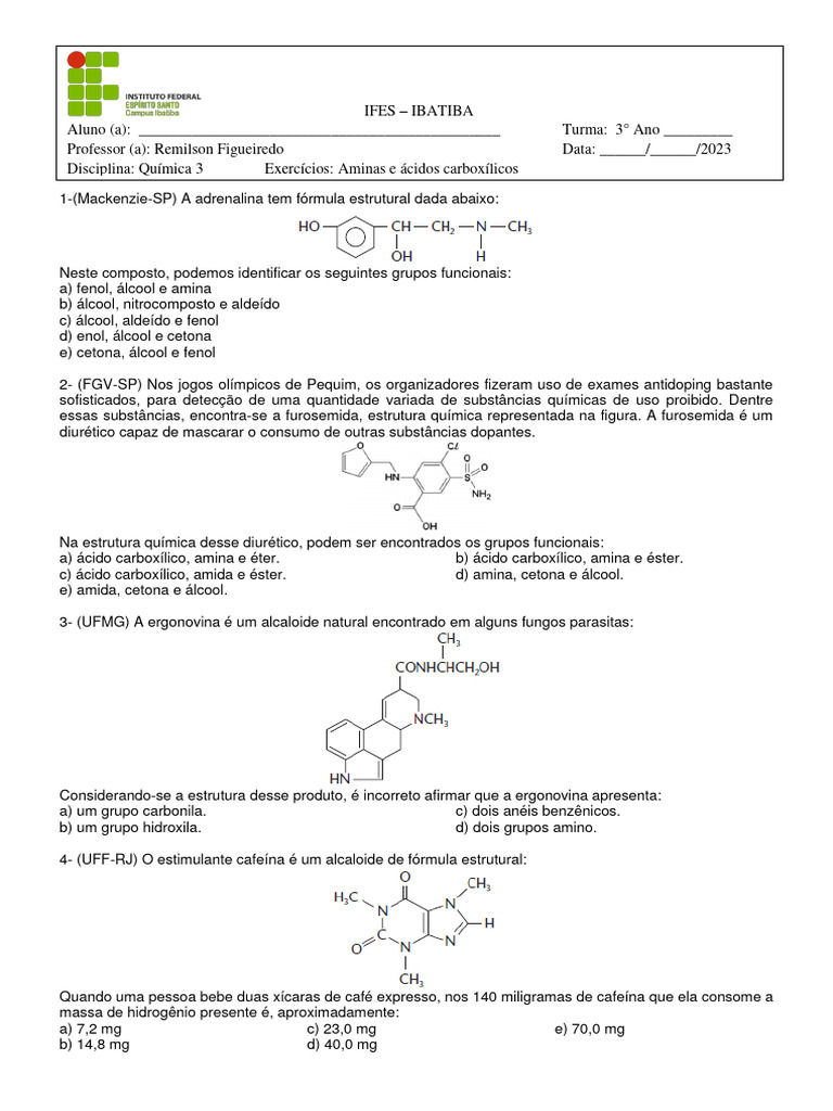 Lista-Exer-7-Qui-3ano-23-1-Aminas e Ácidos Carboxílicos | PDF