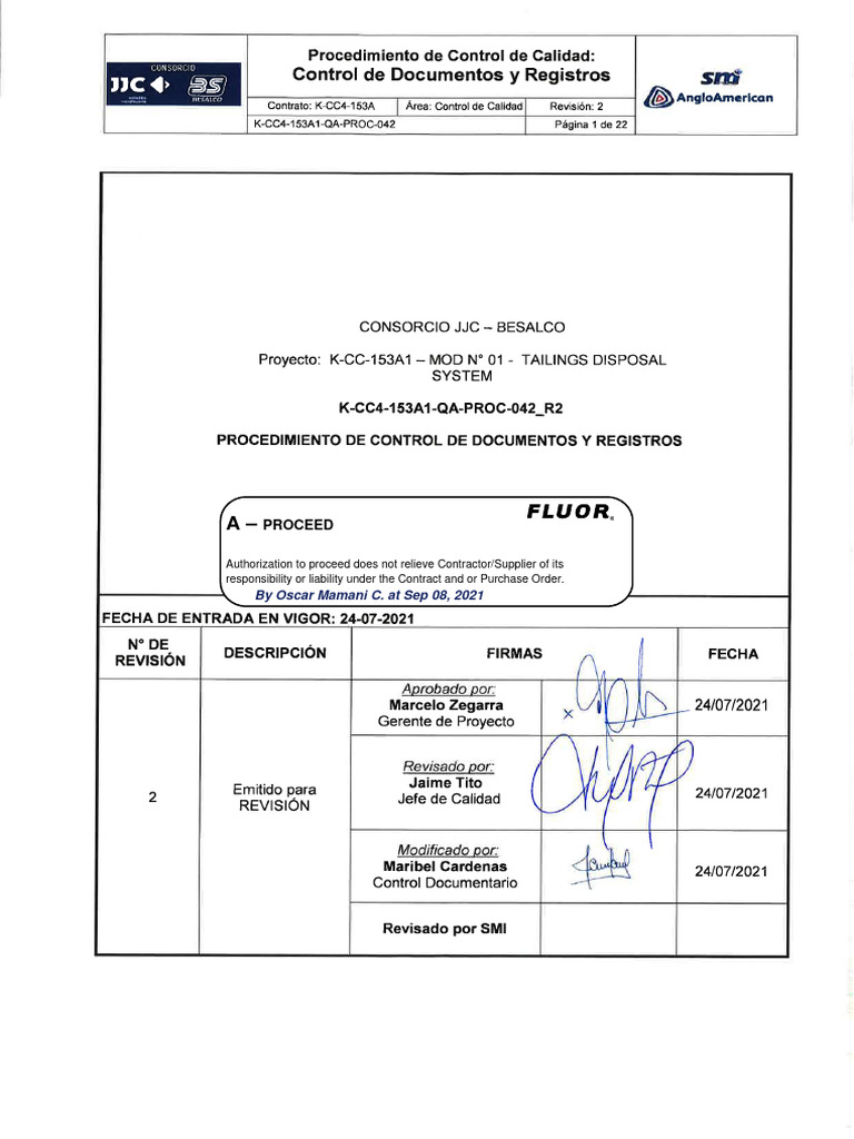 K CC4 153A1 QA PROC 042 - R2 EA Control de Documentos y Registros | PDF