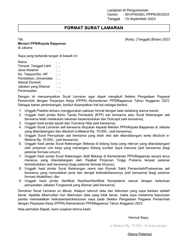 Lampiran III Surat Lamaran PPPK Ta 2023 | PDF | Pengelolaan Keuangan & Uang