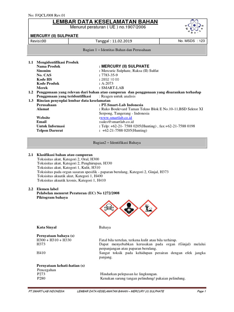 MSDS Mercury (Ii) Sulphate (Indo) | PDF