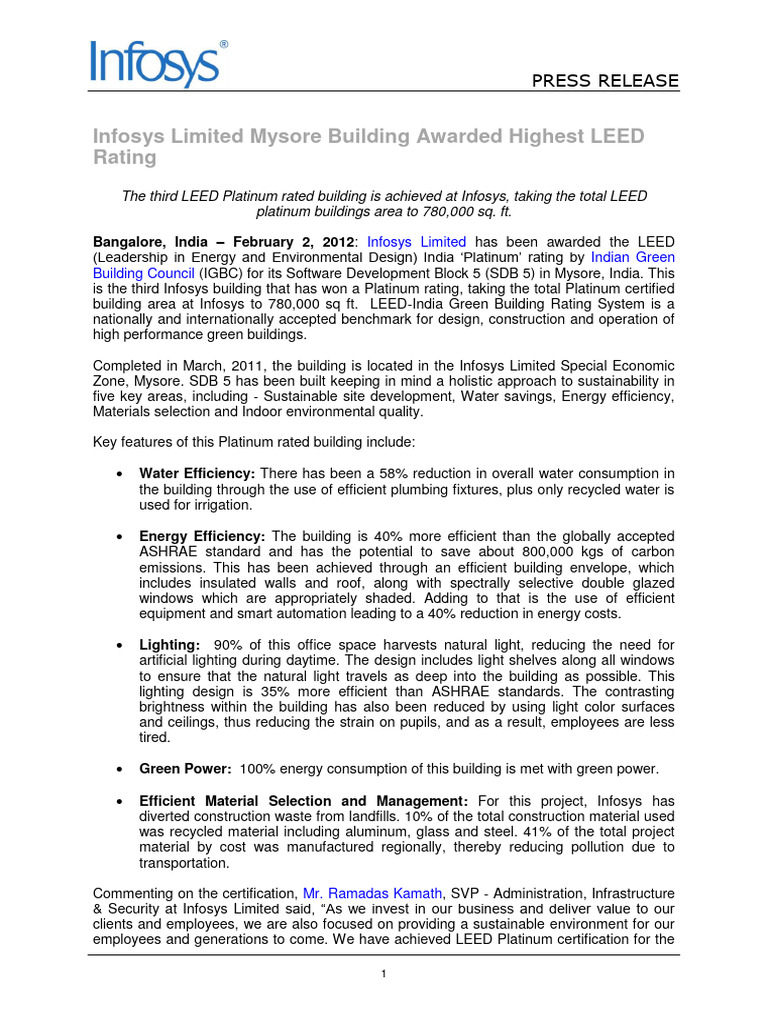Leed India Platinum Rating Mysore | PDF