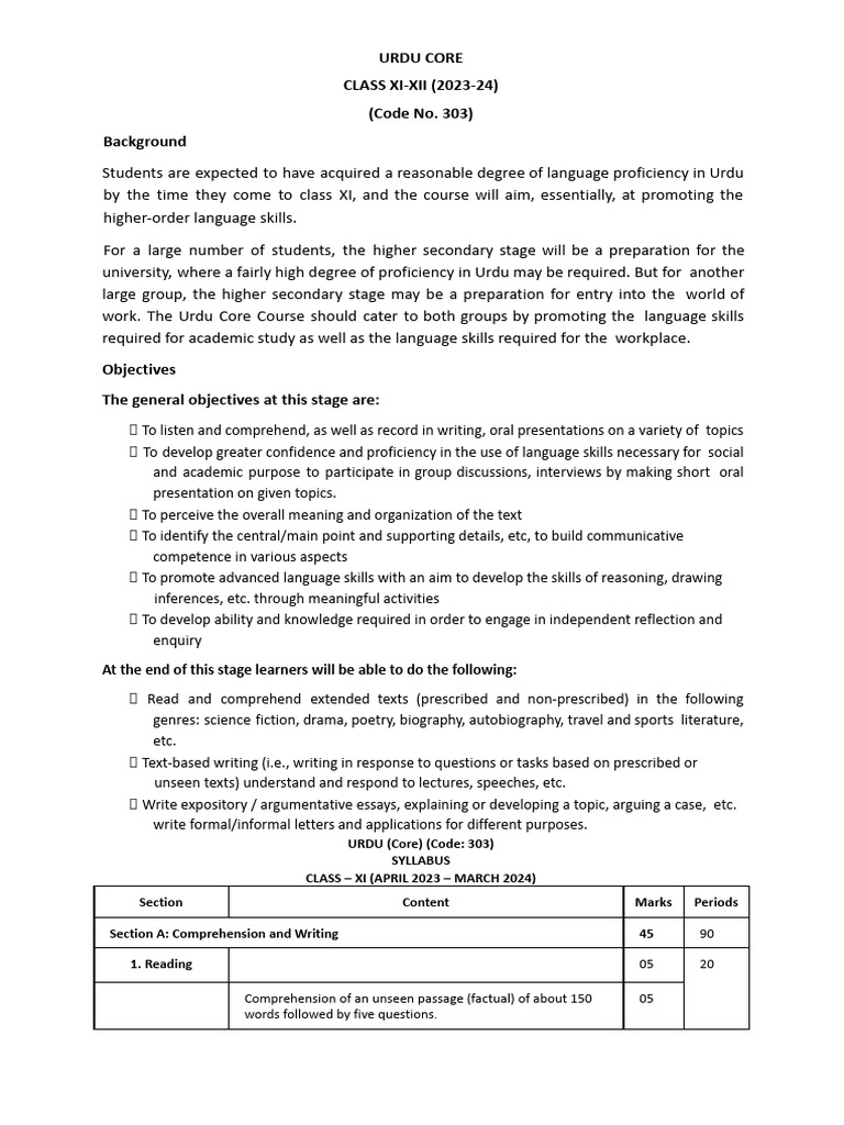 URDU CORE SrSec 2023-24 | PDF