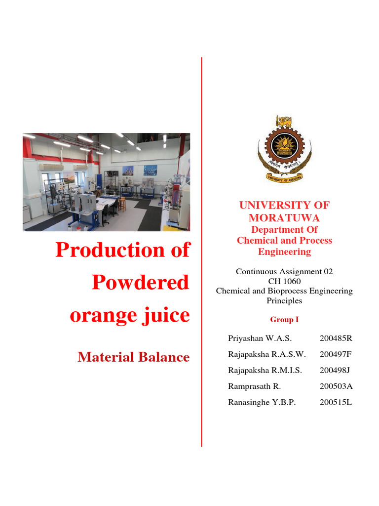 Material Balance of Powdered Orange Juice | PDF