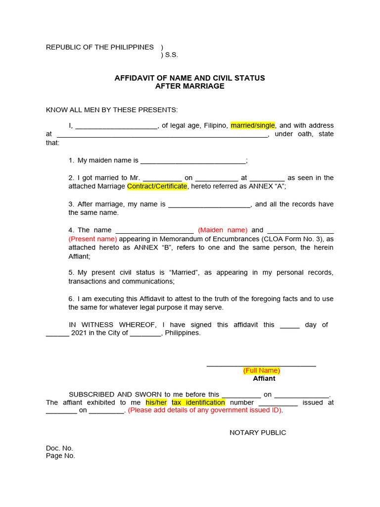 Affidavit of Name and Civil Status After Marriage (Wife) | PDF | Law
