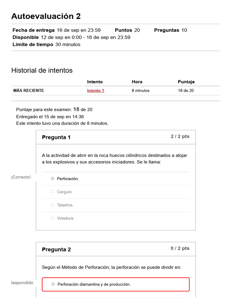 Autoevaluación 2 - PROCESOS MINEROS (41337) | PDF
