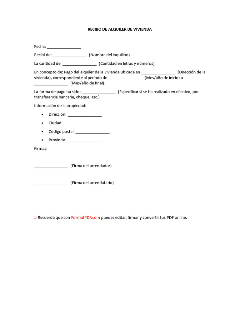 Modelo de Recibo de Alquiler de Vivienda en PDF Online | PDF