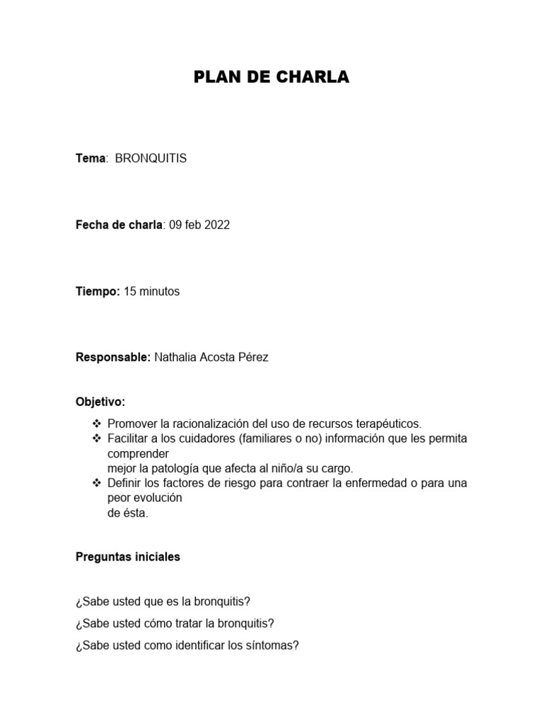 Plan de Charla Bronquitis | PDF | Bronquitis | Pulmón