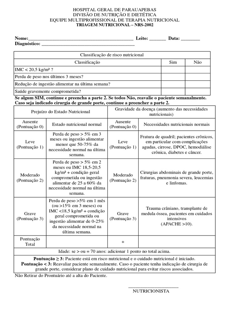 Triagem Nutricional NRS-2002 | PDF | Ciências da Saúde | Doenças e ...