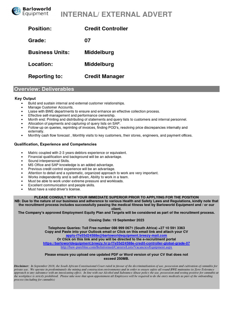 Internal Advert Credit Controller Global Grade 07 - Middelburg | PDF ...