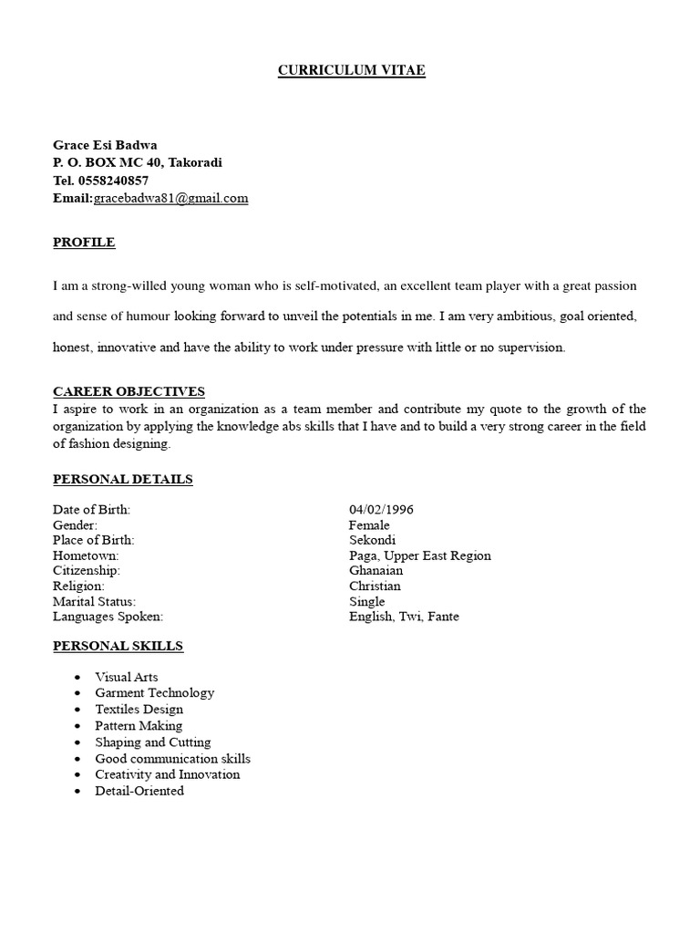 Grace CV | PDF | Sewing