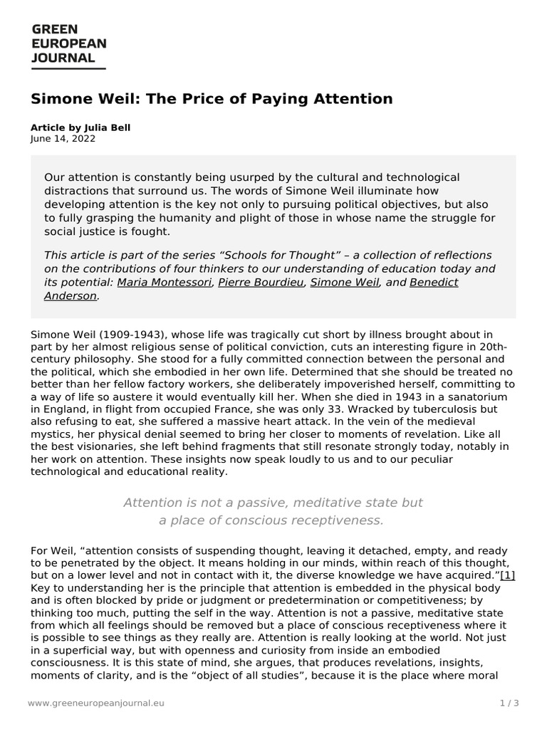 Simone Weil The Price of Paying Attention | PDF