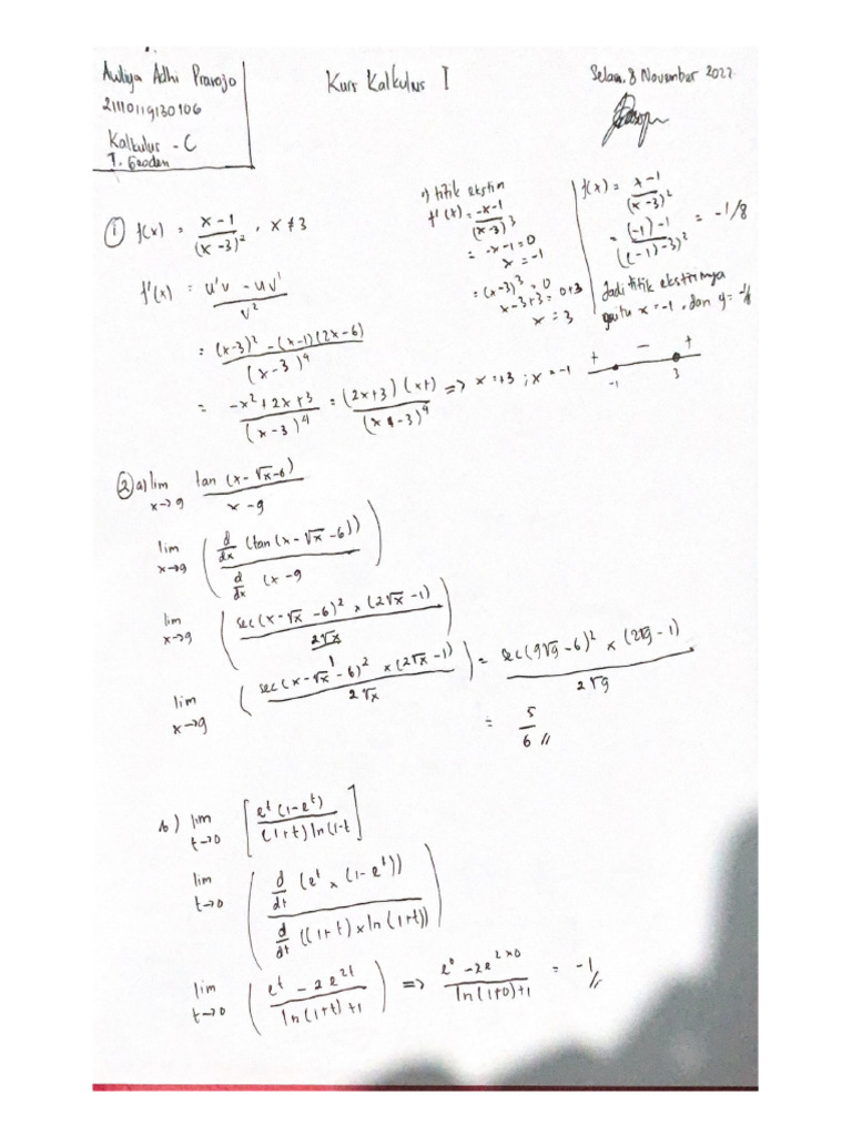 Awliya Adhi Prasojo - 21110119130106 - Kuis Kalkulus | PDF