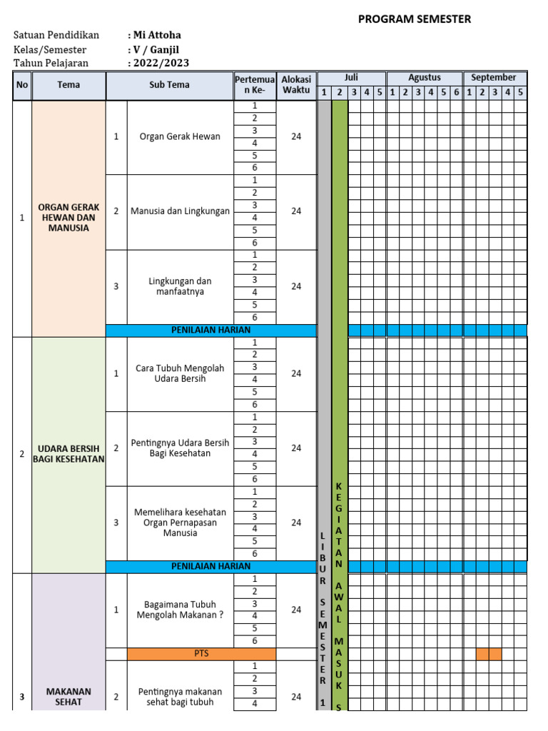 Program Semester Kelas V MI Attoha | PDF