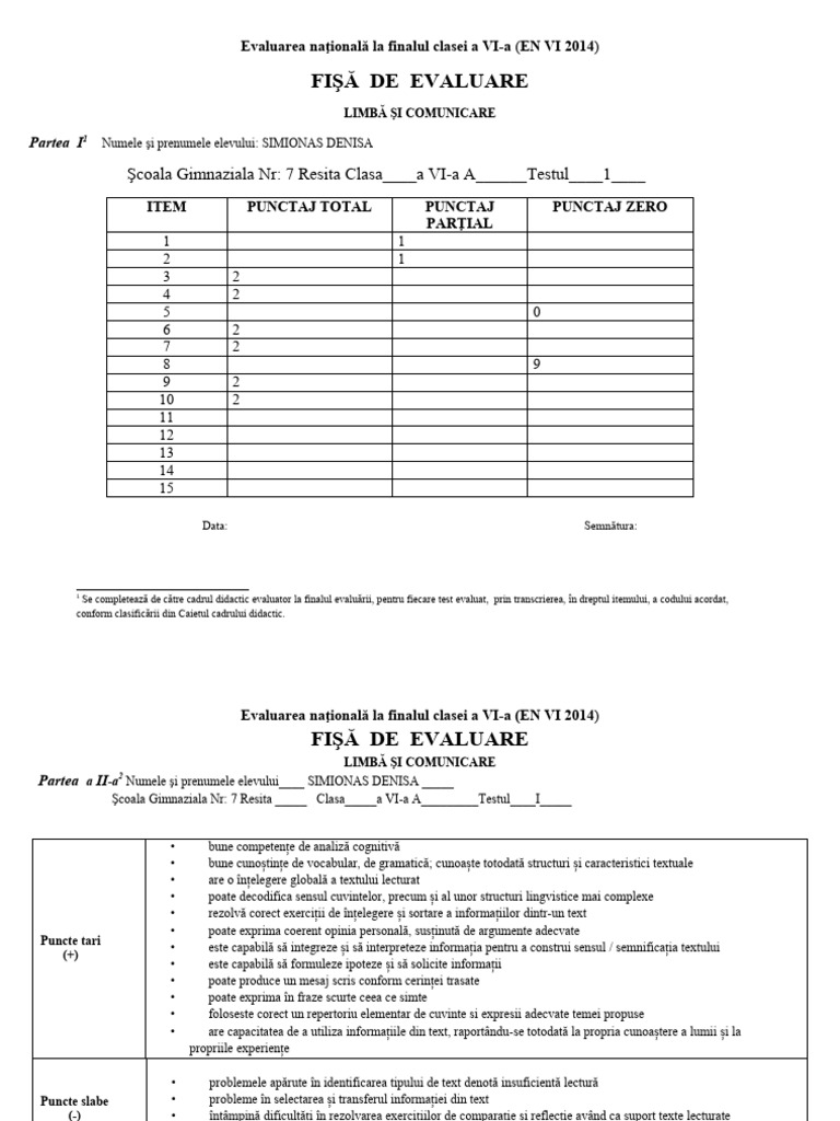Fise-Evaluare-Clasa-VI-A Model Completat | PDF