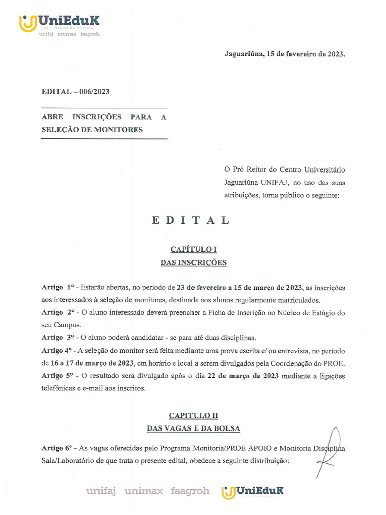 Edital Dir 006 2023 Monitoria Medicina 1 | PDF Edital Dir 006 2023 Monitoria Medicina 1 | PDF