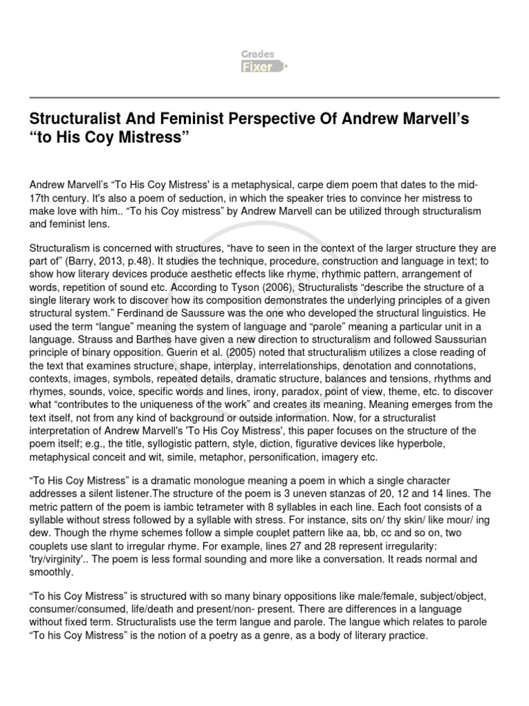 Structuralist and Feminist Perspective of Andrew Marvell's "To His Coy Mistr | Download Free PDF ...
