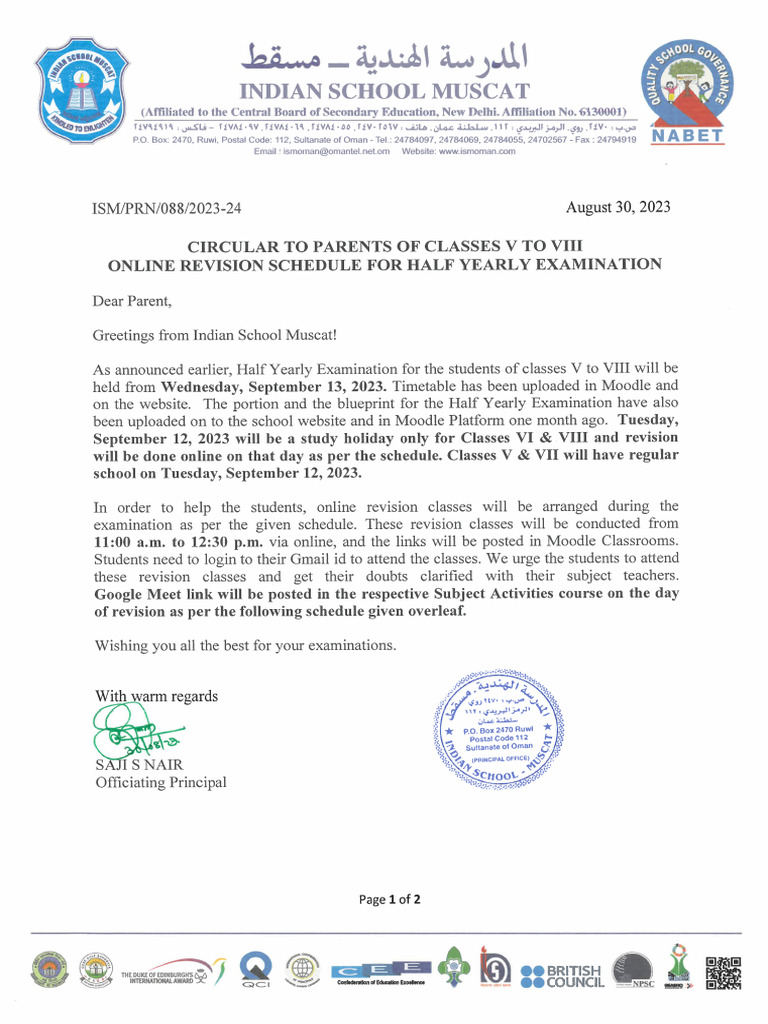 CIRCULAR - Online Revision For Half Yearly Exam (V To VIII) | PDF