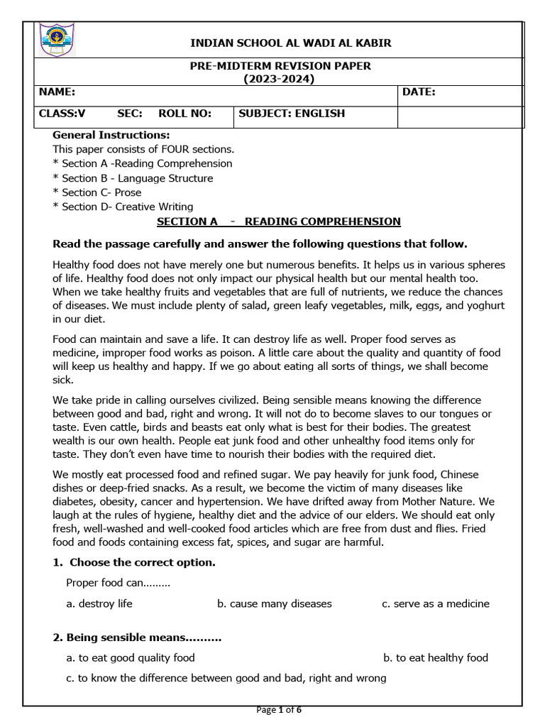 1553704-PRE-MIDTERM REVISION PAPER CLASS-V-2023-2024 - Final (1) ISWK | PDF