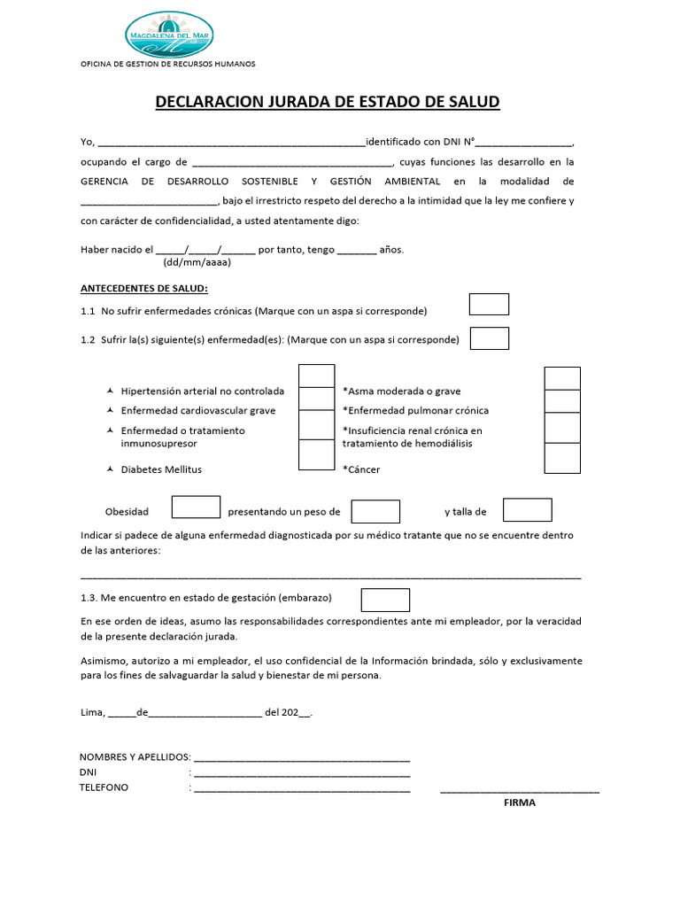 Declaración Jurada de Salud Laboral | PDF