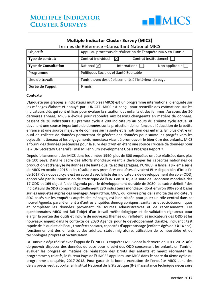 MICS ToR National MICS Consultant | PDF