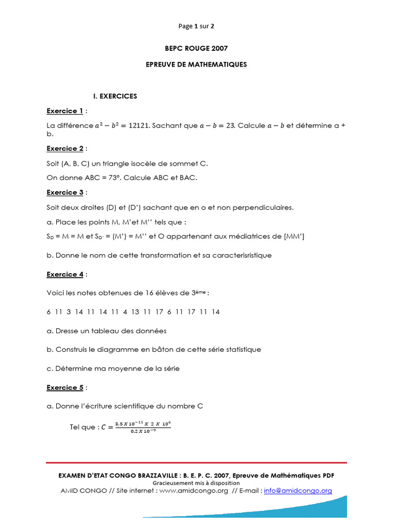 Sujet Du Bepc Rouge 2007 Mathematiques | PDF