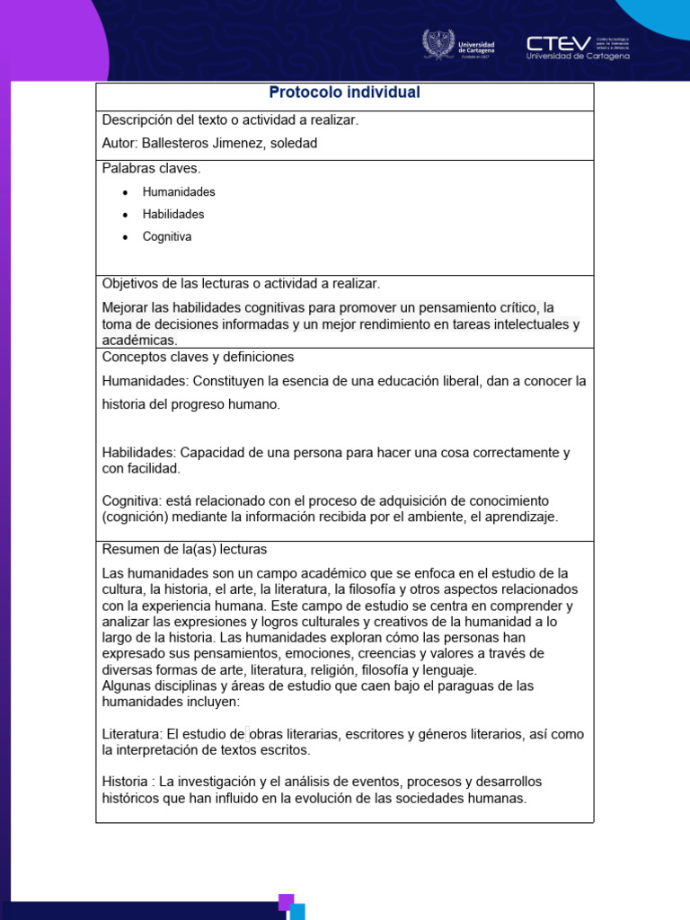 PLANTILLA PROTOCOLO INDIVIDUAL Humanidades II | PDF | Memoria | Humanidades