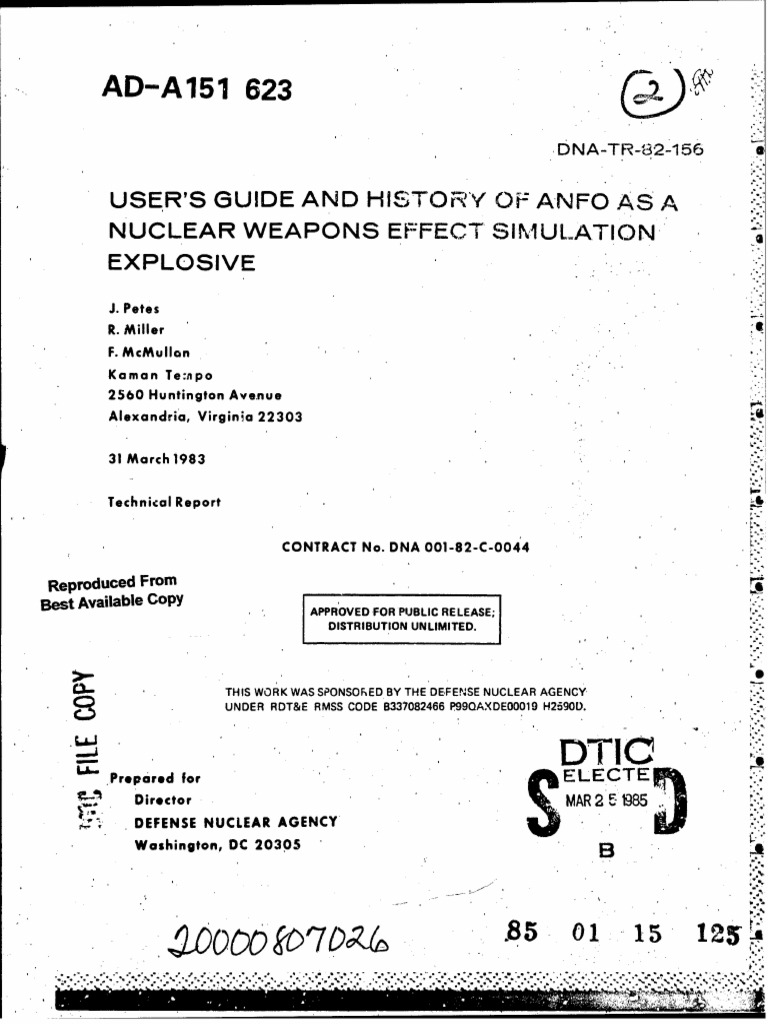 Users Guide And History Of Anfo As A Nuclear Weapons Effect Simulation Explosive Pdf