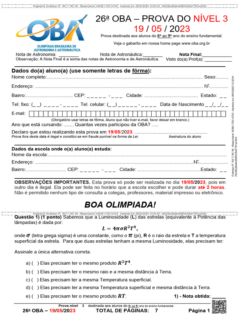 Prova Oba Nível 3 - Fund 2 | PDF | Marte | Estrelas