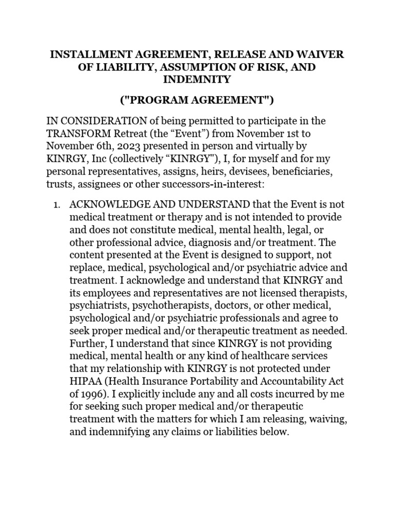 Retreat Client Agreement Form | PDF