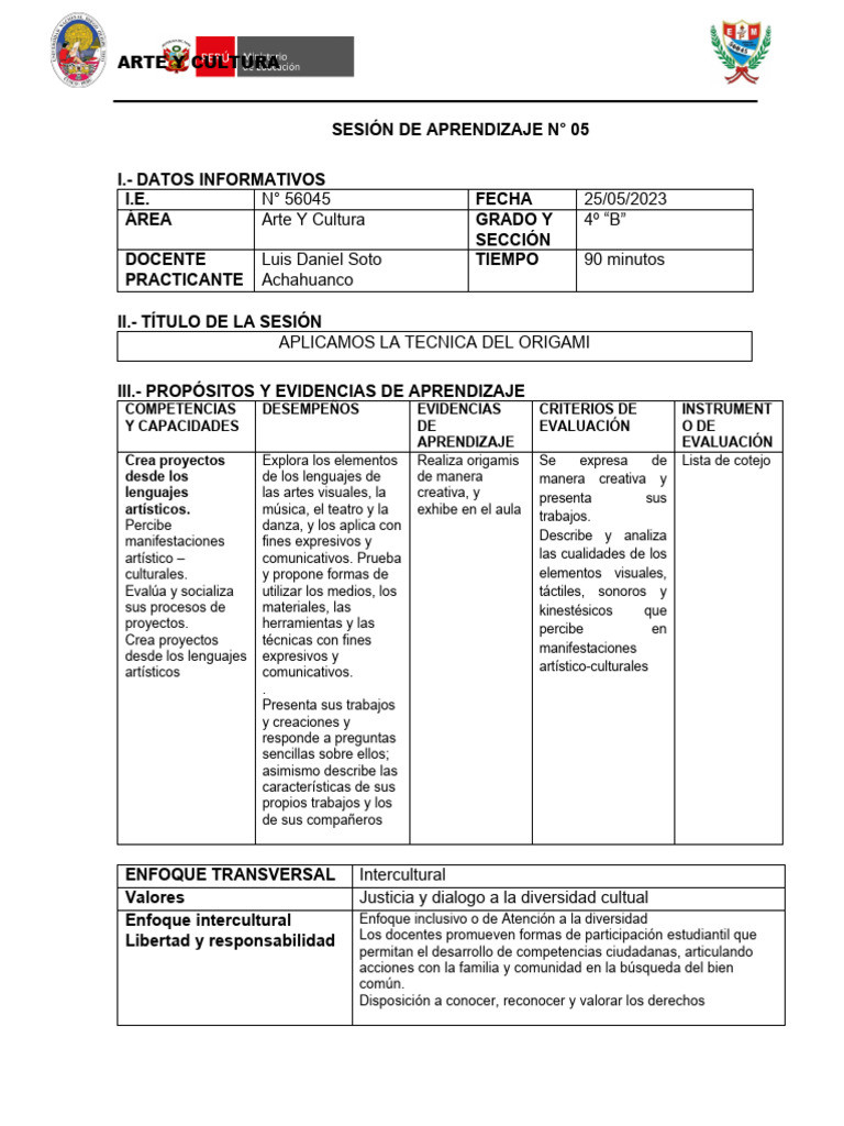 Sesión de Aprendizaje Origami | PDF