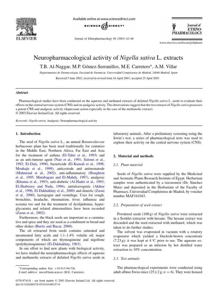 Neuropharmacological Activity of Nigella Sativa L. Extracts | PDF | Science & Mathematics