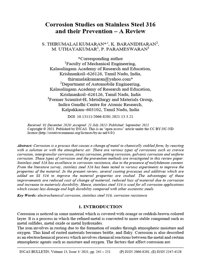 Corrosion Studies On Stainless Steel 316 and Their | PDF | Technology & Engineering